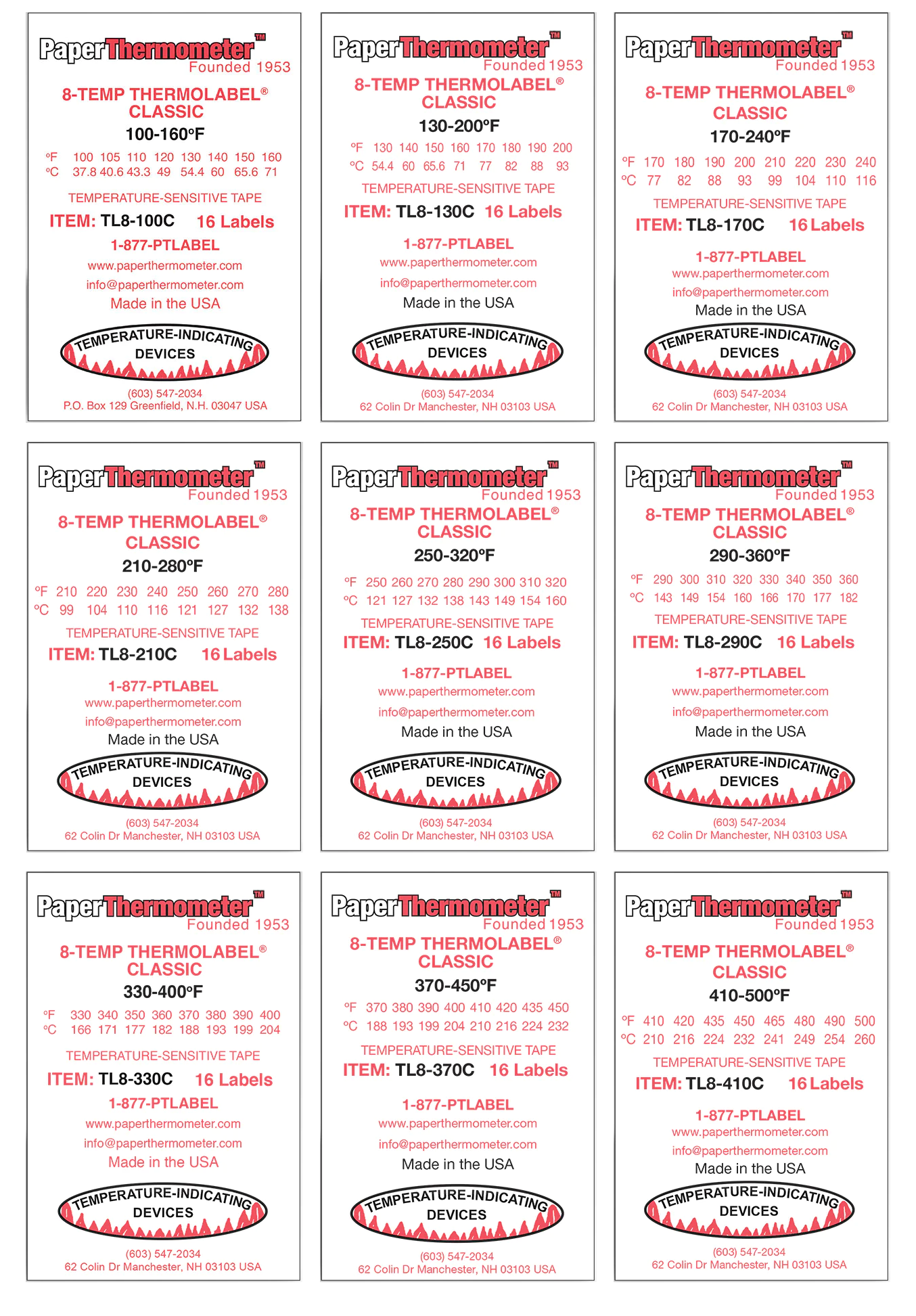 Giấy đo nhiệt độ 8-TEMP THERMOLABEL® CLASSIC Temperature Indicators